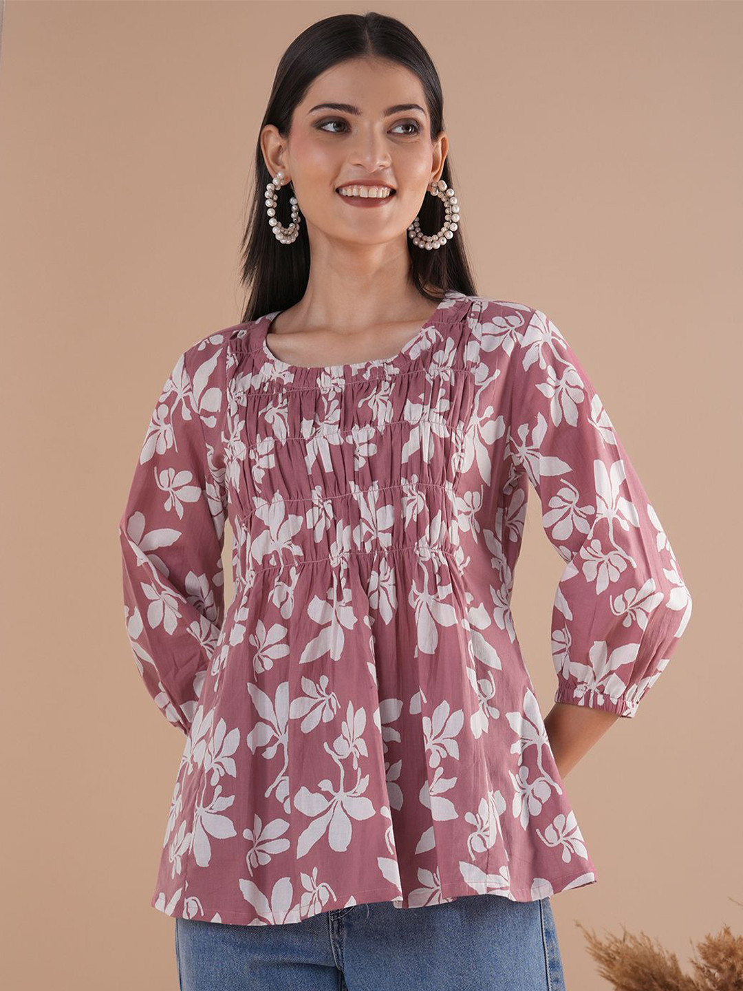 Buy KAMI KUBI Round Neck Floral Print Three Quarter Sleeves Cotton Top ...