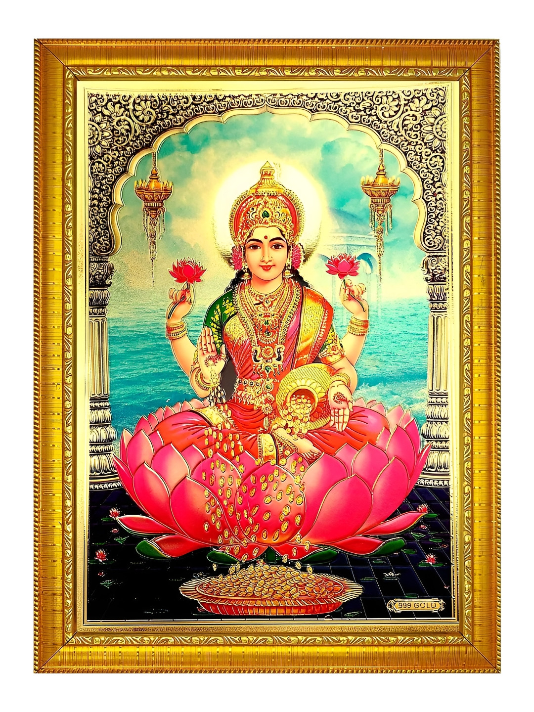 Buy ADA Handicraft Gold Toned & Red Dhan Lakshmi Devi Wood Wall Photo ...