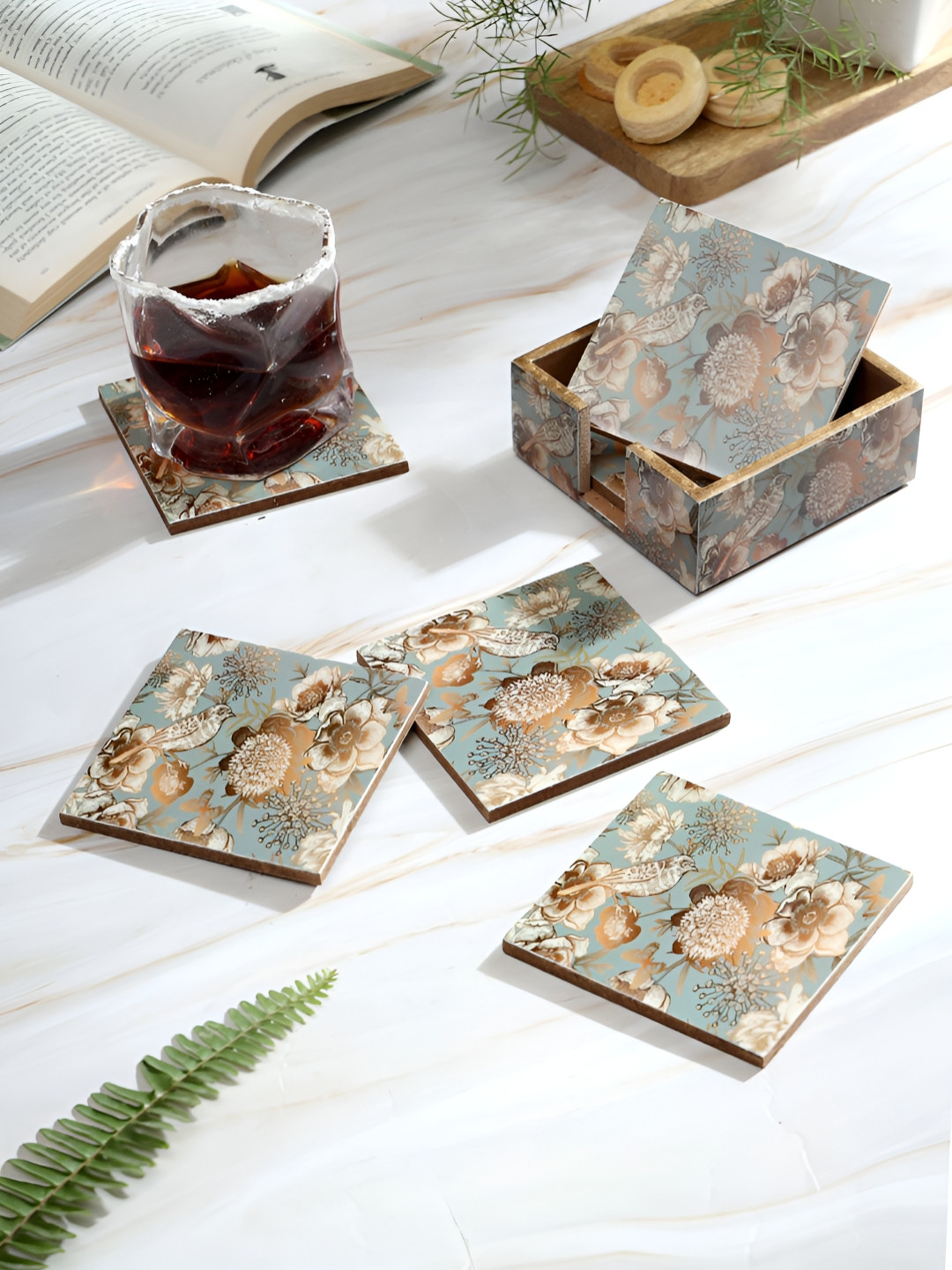 Buy DULI 6Pcs Grey & Brown Printed Square Enamel Coasters With Stand ...