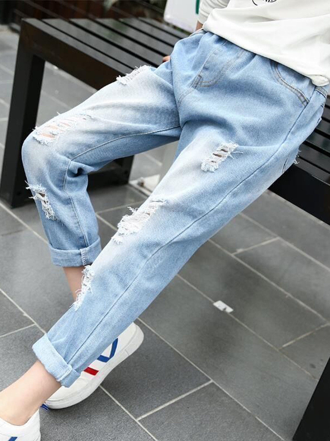 Buy YK Kids Comfort Relaxed Fit High Rise Mildly Distressed Light Fade ...