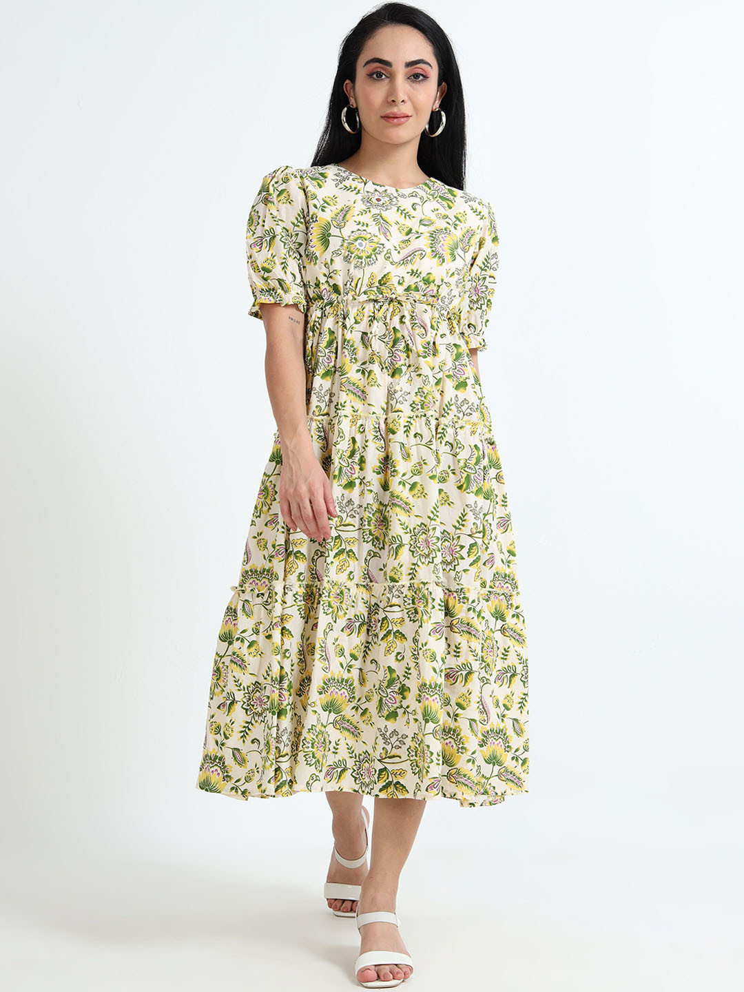 Buy FLAVIDO Floral Printed Sequnnied Cotton Fit & Flare Ethnic Dress ...