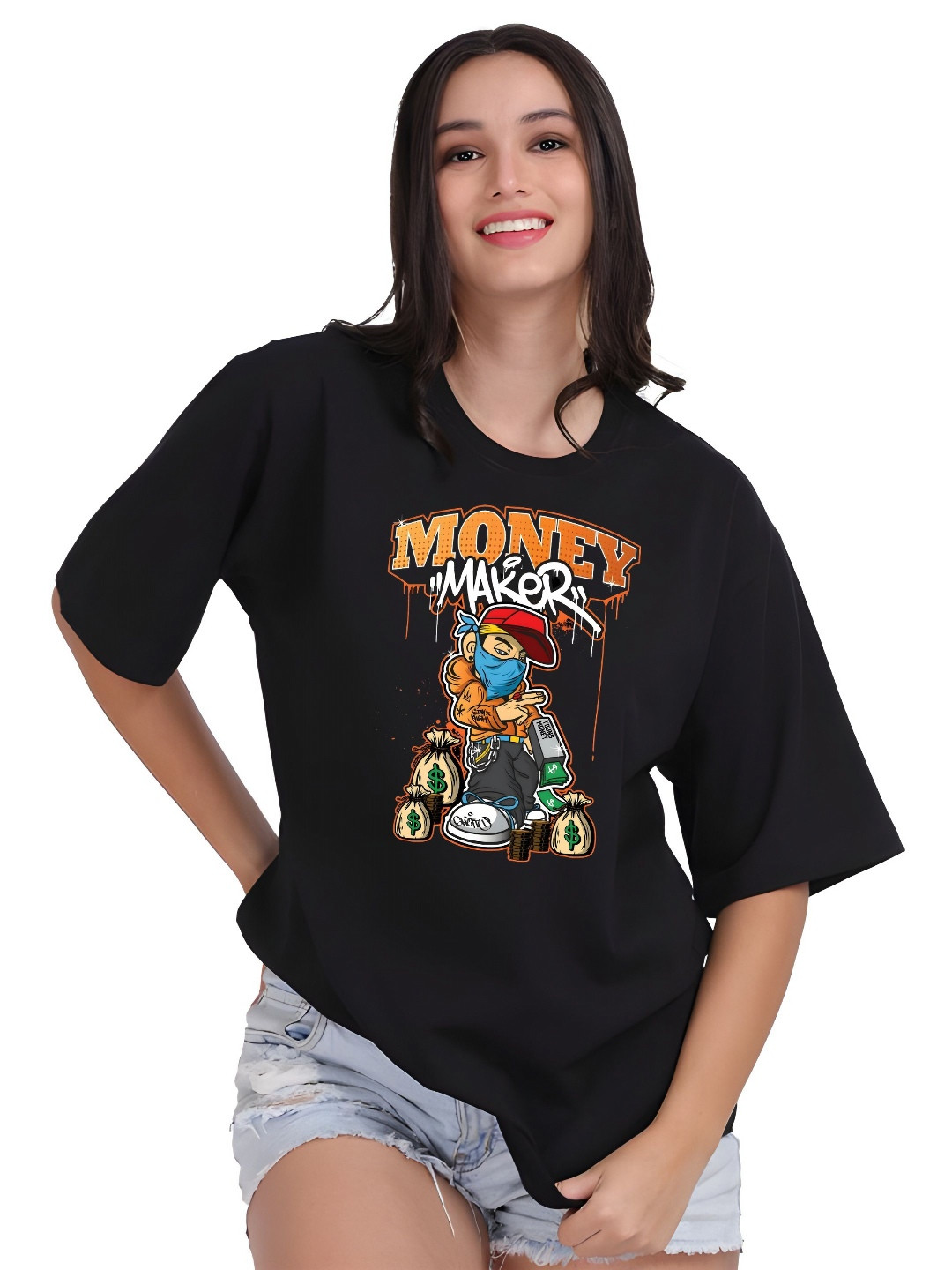 Buy Moda Rapido Women Graphic Printed Round Neck Cotton Oversized T ...