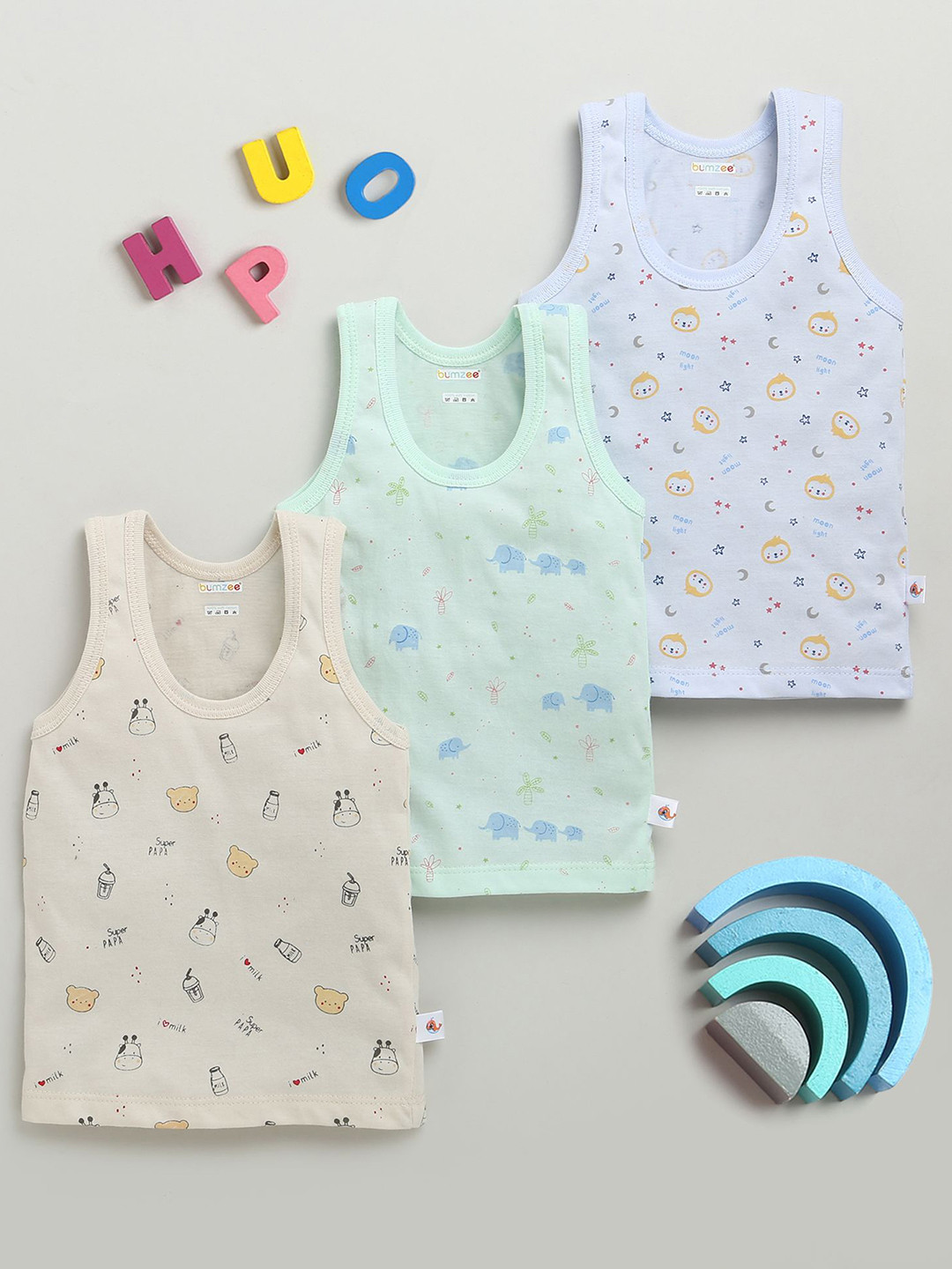 Buy BUMZEE Infant Boys Pack Of 3 Printed Cotton Basic Vests - Innerwear ...