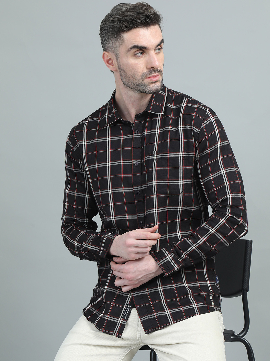 Buy THE BEETEL HOUSE Men Comfort Fit Tartan Checked Spread Collar ...