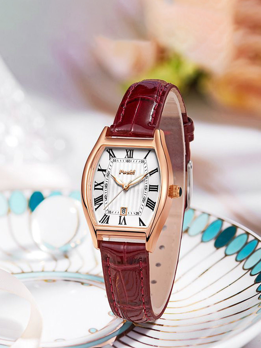 Buy Poshi Women Barrel Shape Dial Leather Strap Watch With Adjustable ...