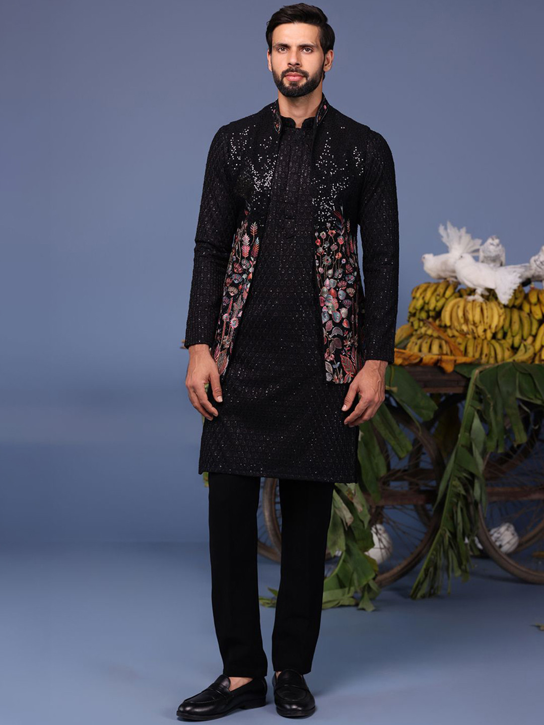 Buy KALPRAAG Men Floral Embroidered Regular Sequinned Kurta With ...