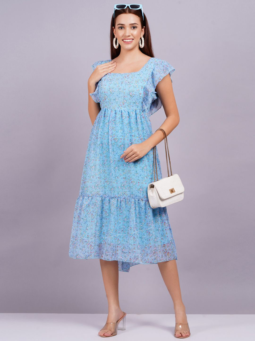 Buy OH MI DIOS Women Floral Printed Georgette Fit And Flare Midi Dress ...