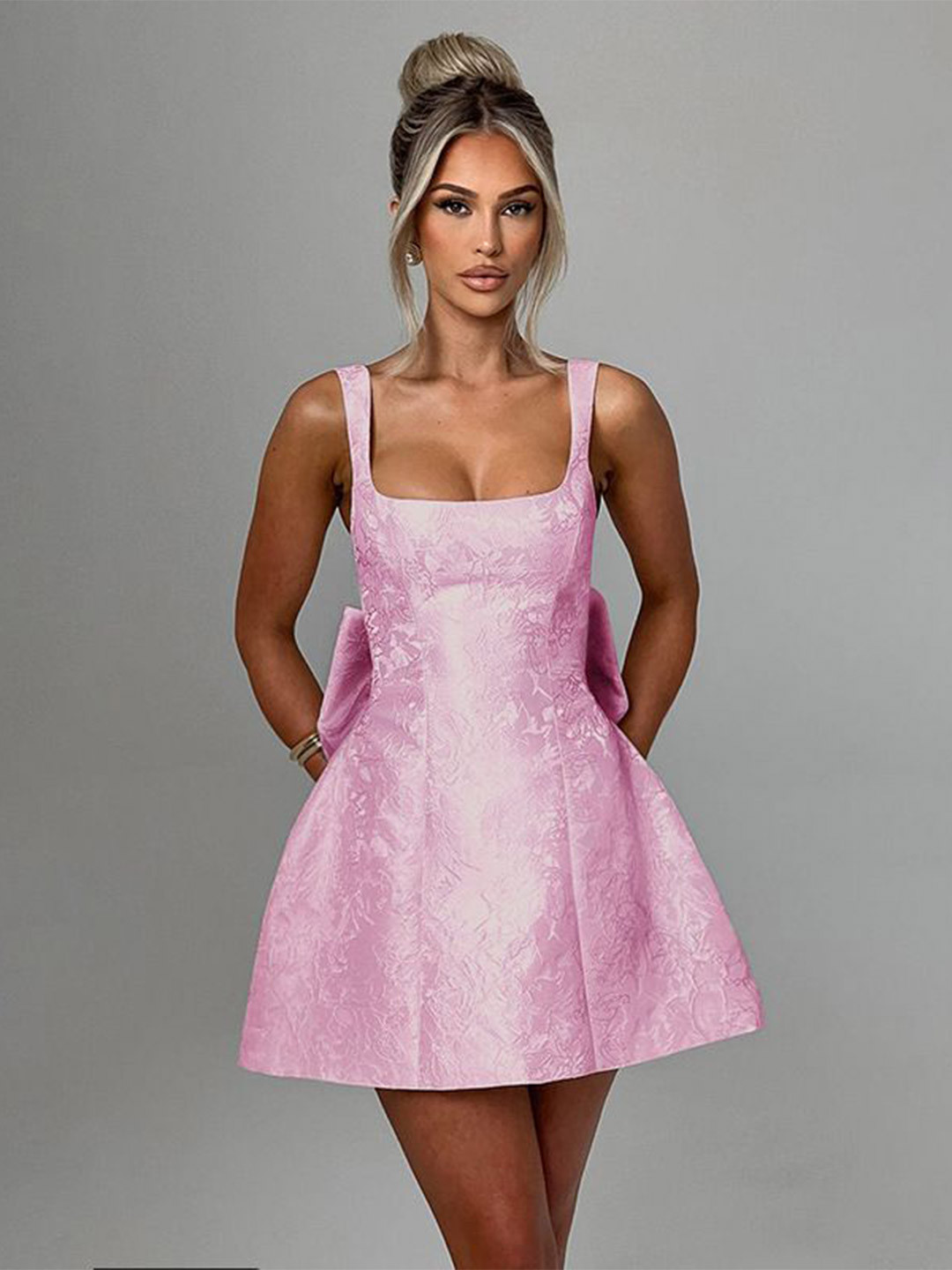Buy MIAKEE Women Self Design Fit & Flare Mini Dress With Bow Detail ...