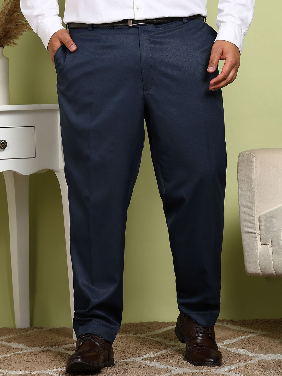 Buy ADWYN PETER Men Pleated Slim Fit Plus Size Formal Trousers ...