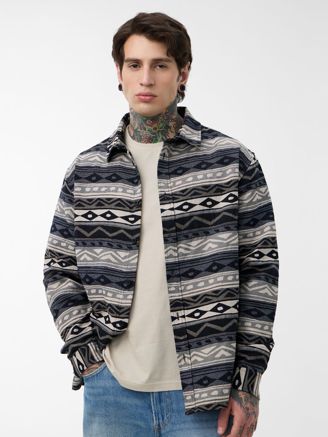 Buy The Souled Store Men Abstract Printed Pure Cotton Shacket ...