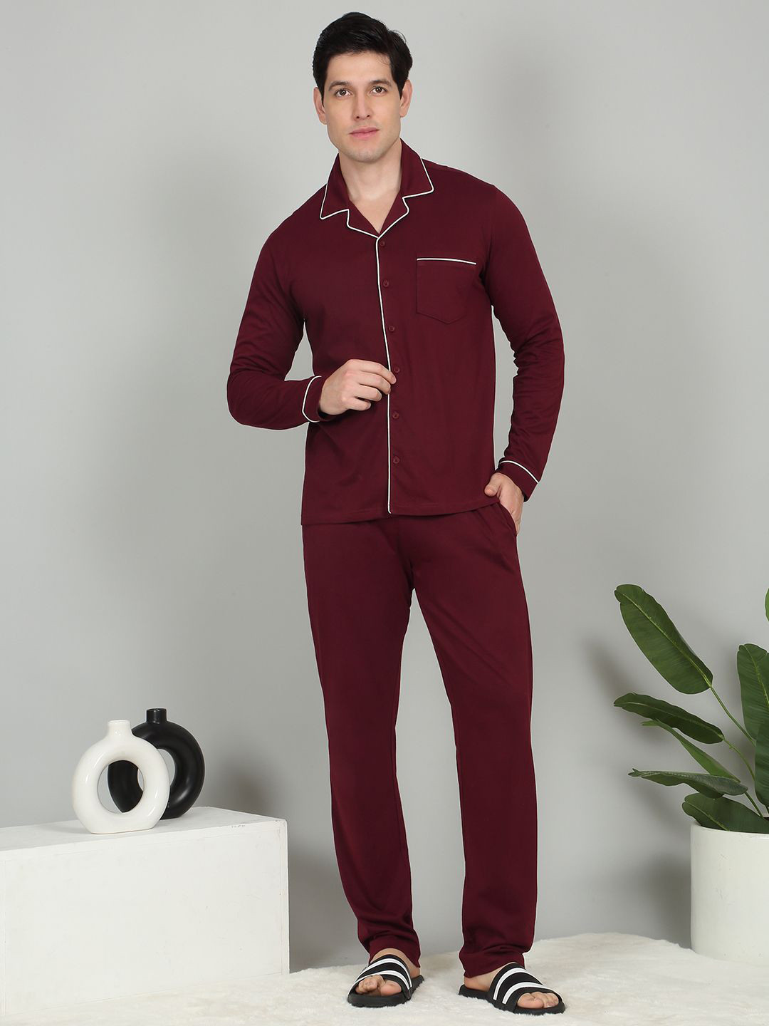Buy Sweet Dreams Men Lapel Collar Shirt & Pyjamas Pure Cotton Night ...