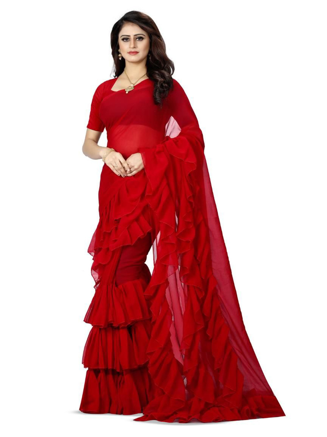 Buy F FASHION Women Pure Georgette Ruffle Saree - Sarees for Women ...