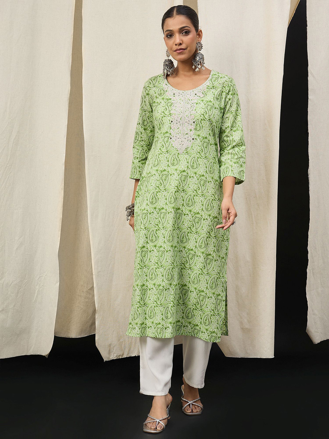 Buy Anouk Paisley Printed Zardozi Straight Cotton Kurta - Kurtas for ...