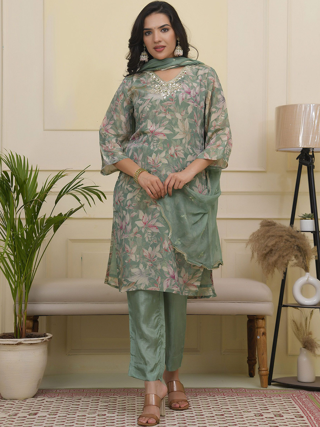 Buy VAASVA JAIPUR Printed Tissue Gotta Patti V Neck Straight Kurta With Trousers & Dupatta ...