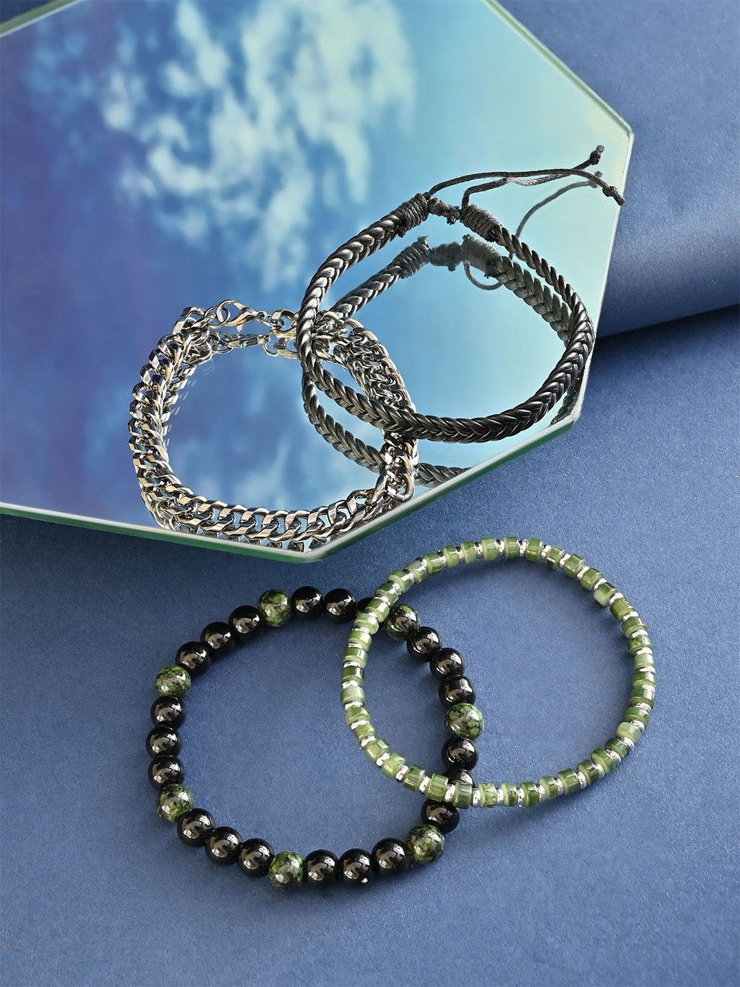 Buy The Bro Code Set Of 4 Green Beaded & Black Braided Men's Casual ...