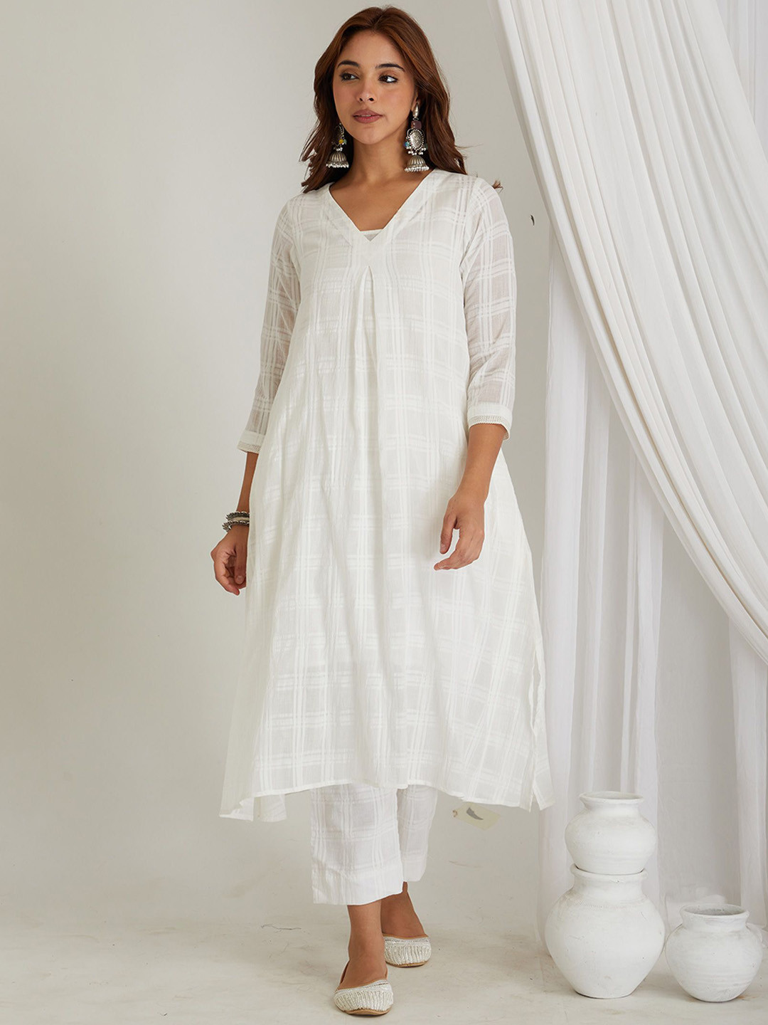 Buy CYAN Checked V Neck Pure Cotton A Line Kurta With Trousers - Kurta ...