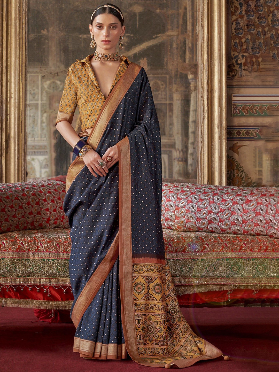 Buy MySilkLove Gun Powder Blue Printed Banarasi Saree - Sarees for ...