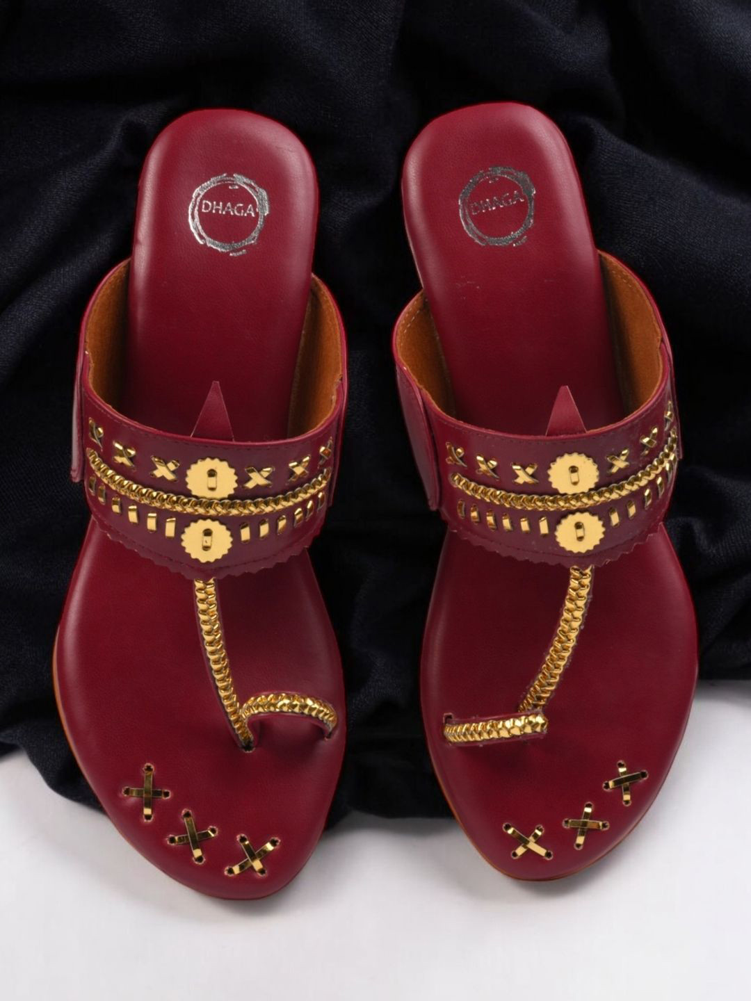 Buy Dhaga Women Gold Cross Block Heel Kolhapuri - Heels for Women ...