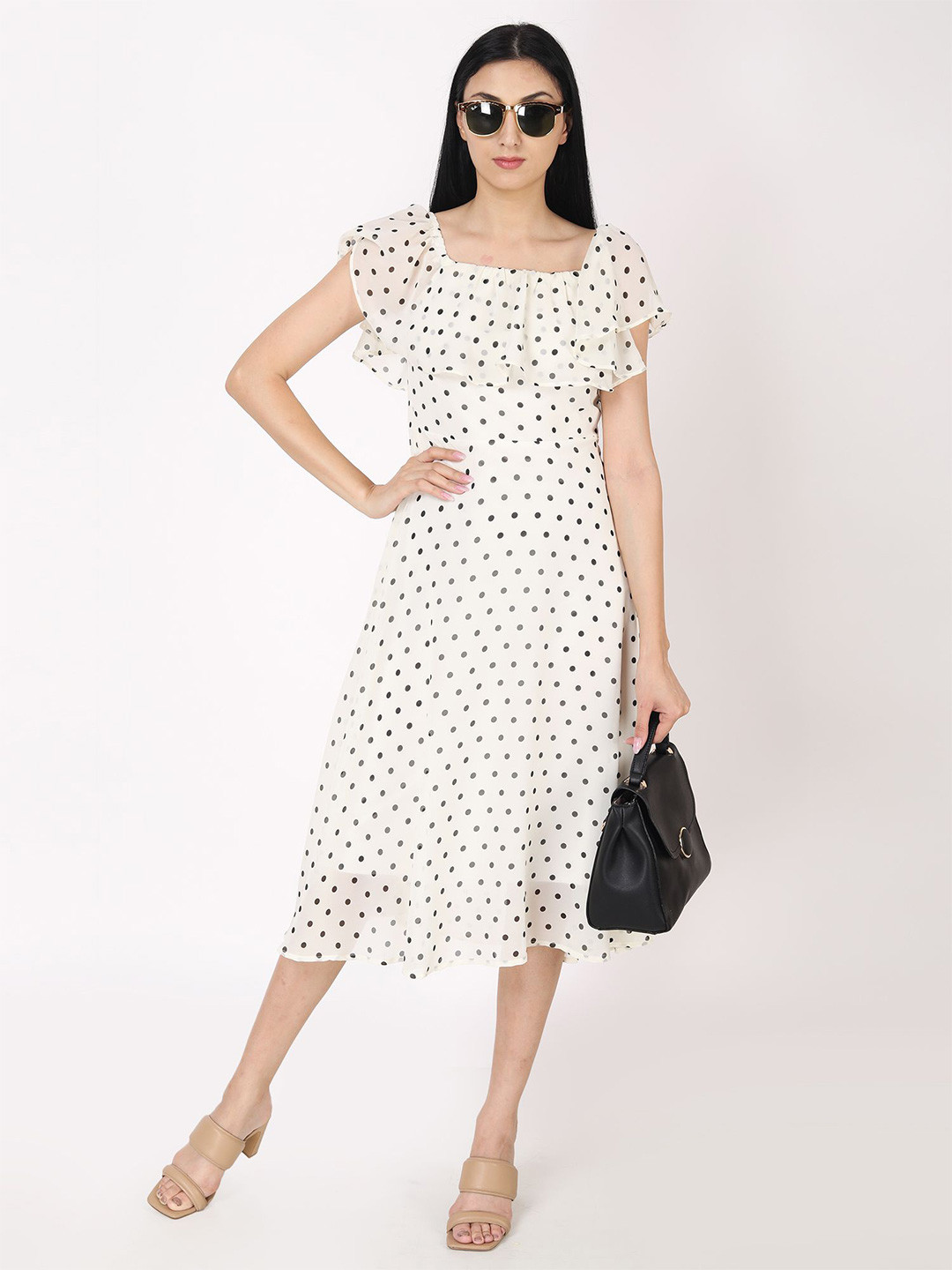 Buy JAKANARY Polka Dot Print Off Shoulder Flutter Sleeve Georgette A ...