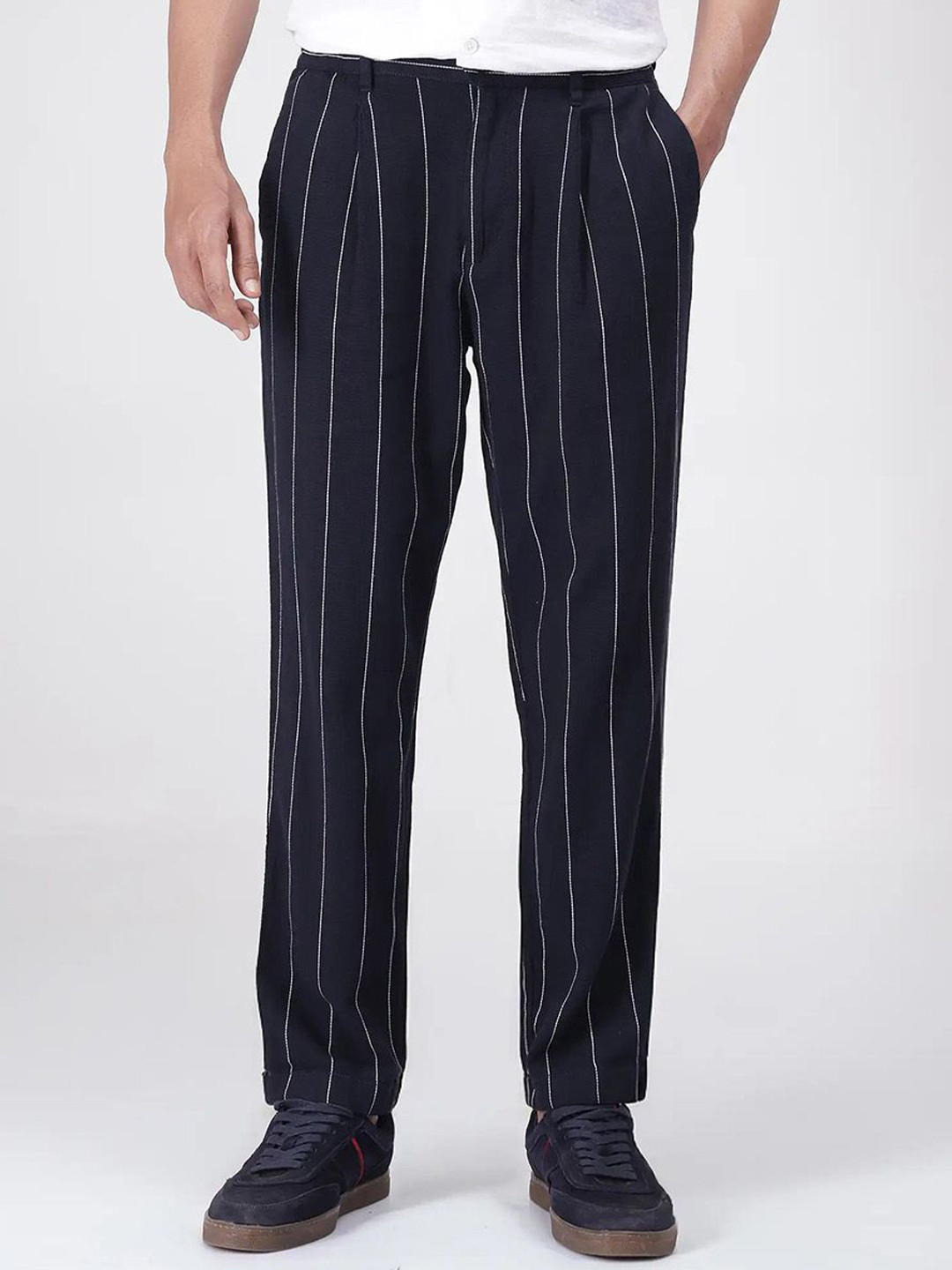 Buy RARE RABBIT Men Striped Tailored Trousers - Trousers for Men ...