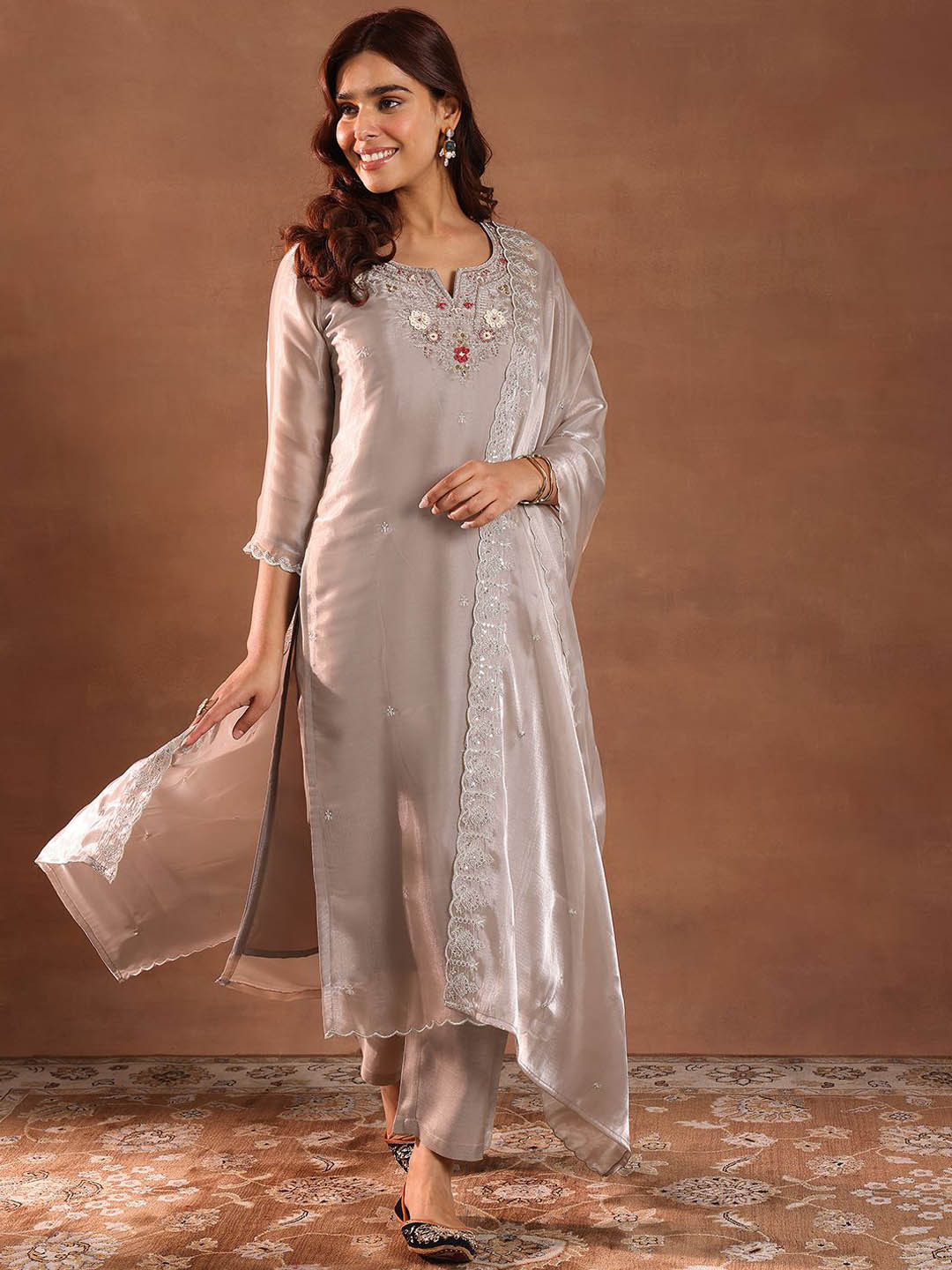 Buy Libas Women Ethnic Motifs Yoke Design Regular Beads And Stones Kurta With Trousers & With ...
