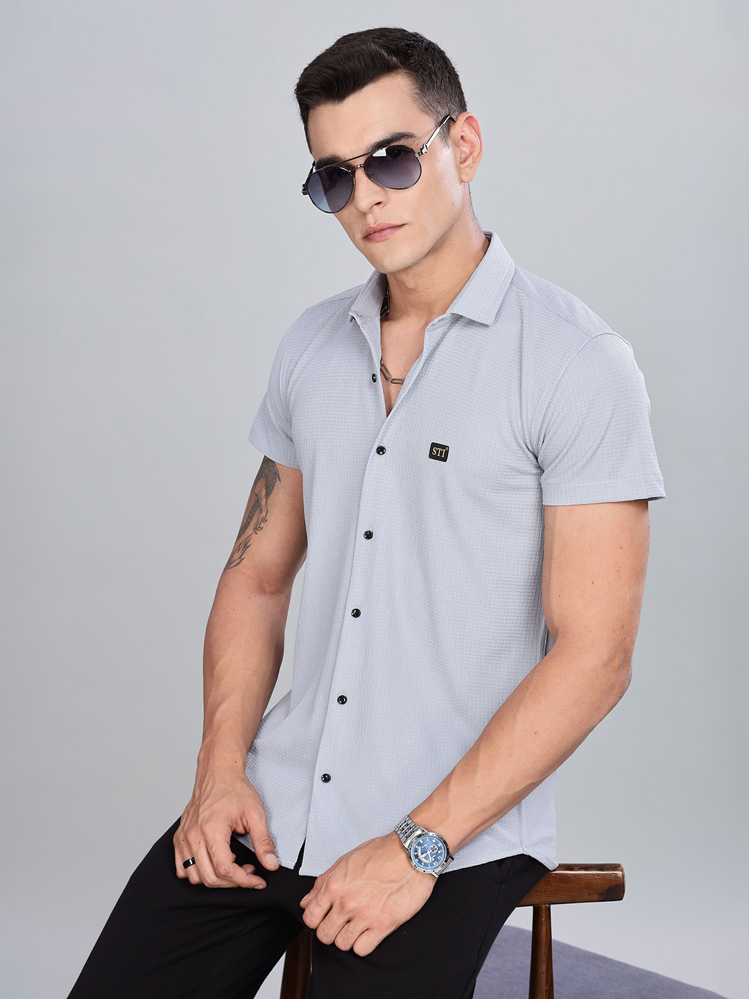 Buy STI Self Design Classic Spread Collar Regular Fit Casual Shirt ...