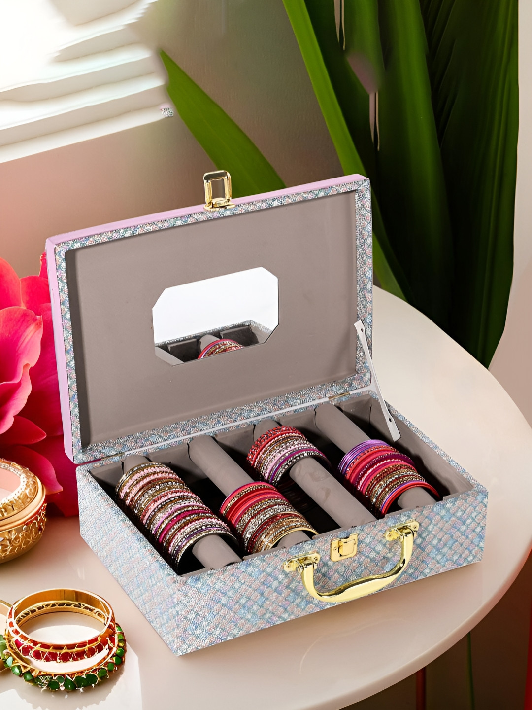 Buy Aura Green 4 Rod Wooden Bangle Storage Box With Gold Handle Drawer ...