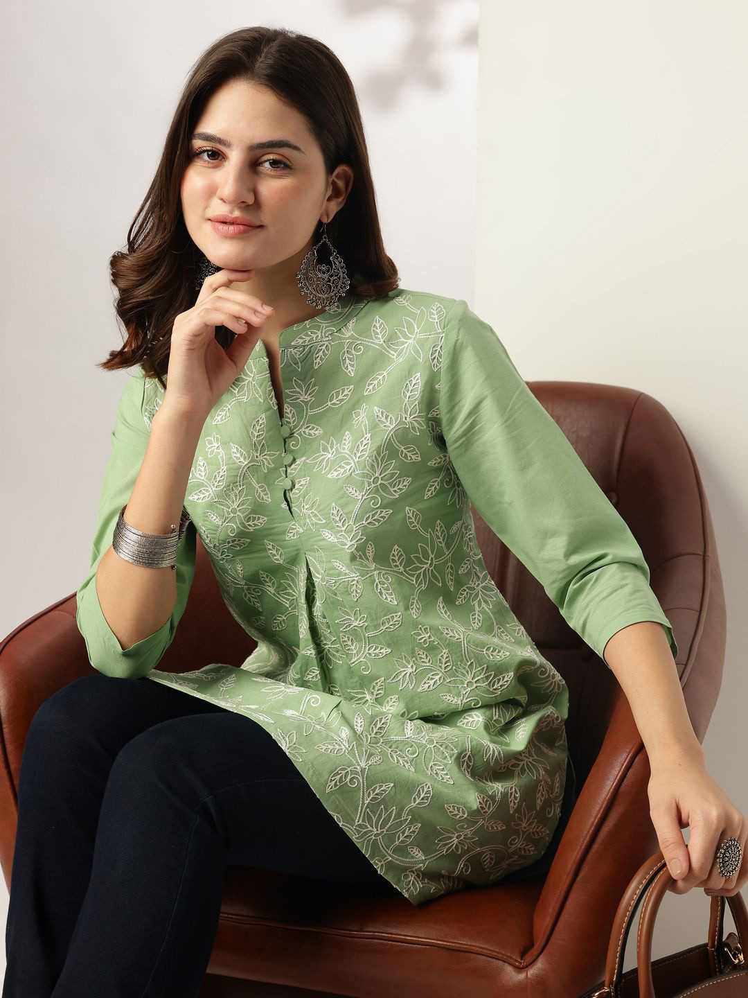 Buy Janasya Women Light Green Pure Cotton Embroidered A Line Tunic ...