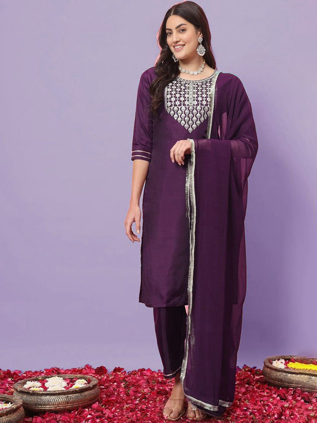 Buy Rang By Indya Women Woven Design Embroidered Kurta With Trousers ...