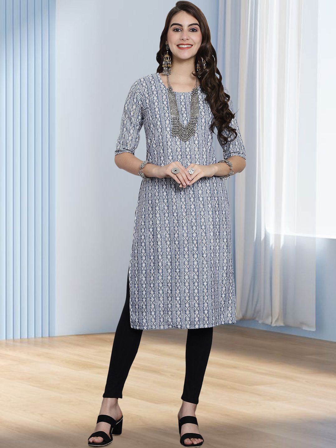 Buy Anouk Rustic Ethnic Motifs Printed Round Neck Straight Kurta ...