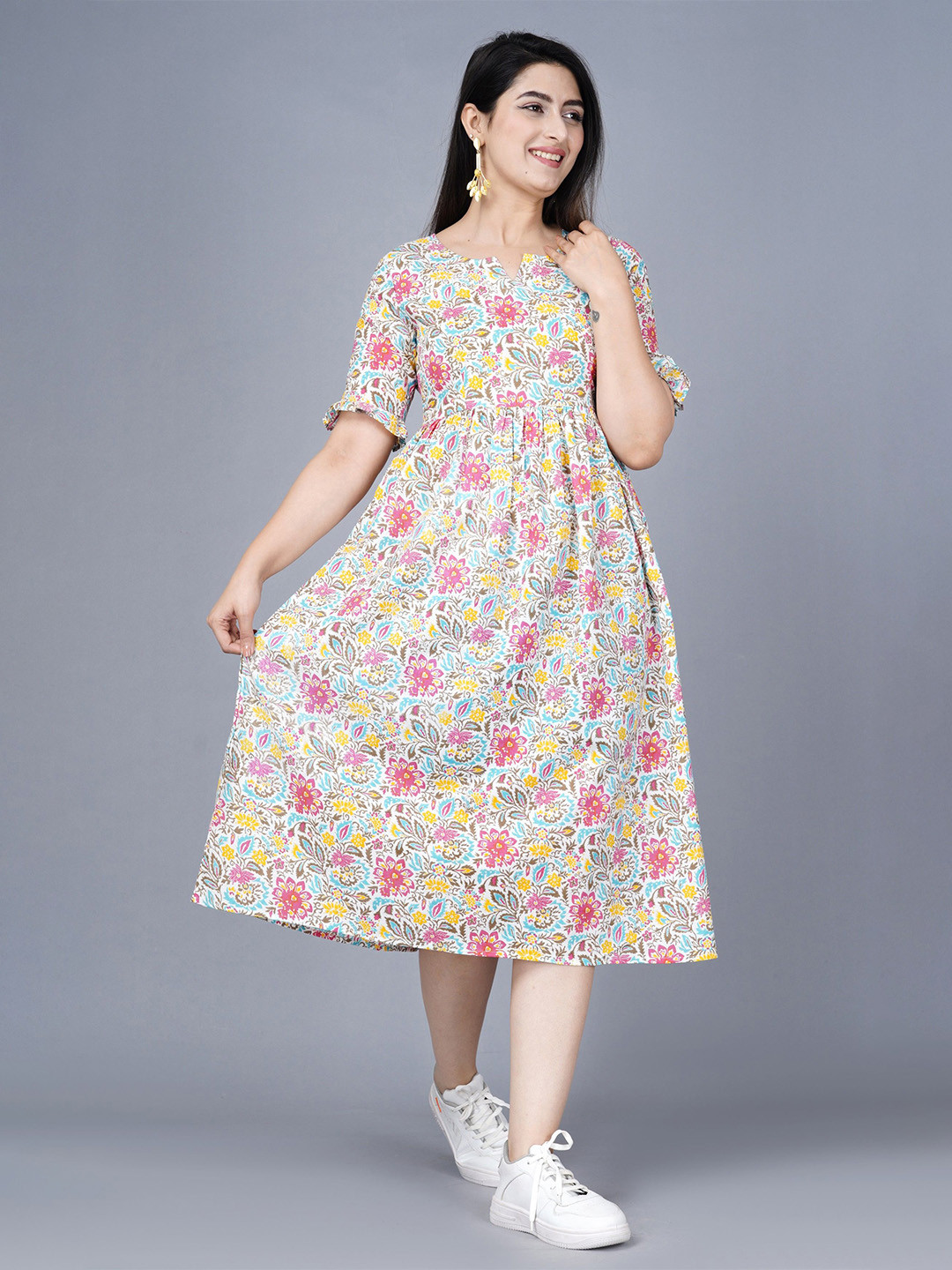 Buy Gaonwali Clothings Floral Printed Notch Neck Fit And Flare Cotton ...