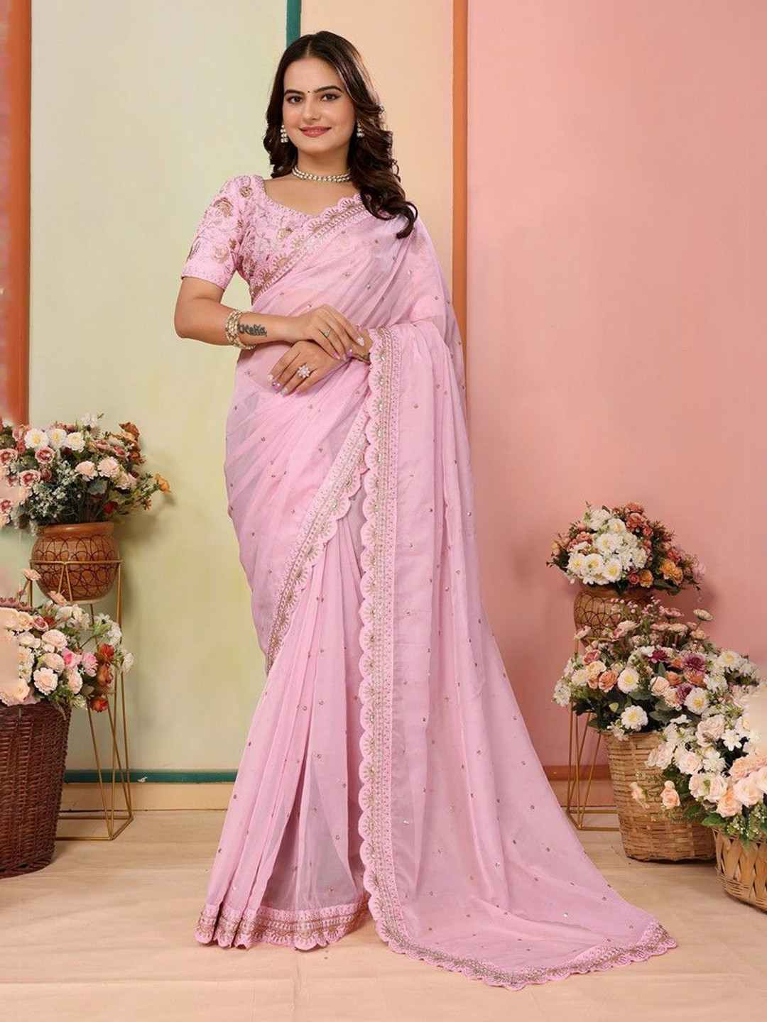Buy Rang By Indya Floral Beads And Stones Embroidered Organza Saree ...