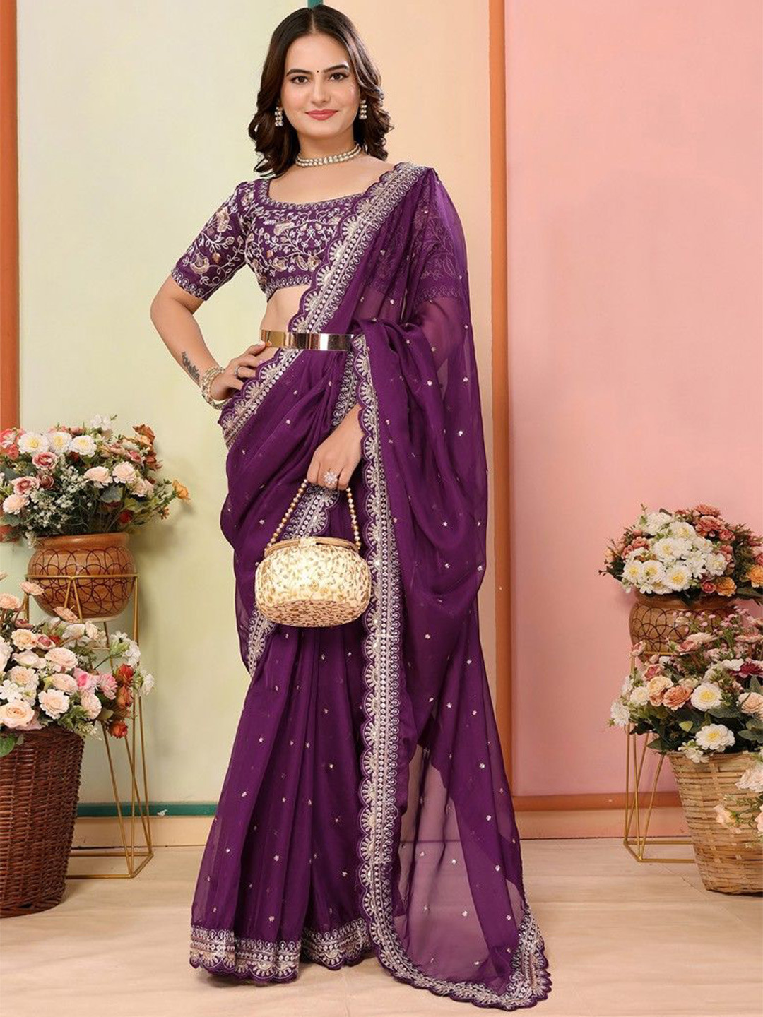Buy Rang By Indya Floral Embroidered Organza Saree - Sarees for Women ...