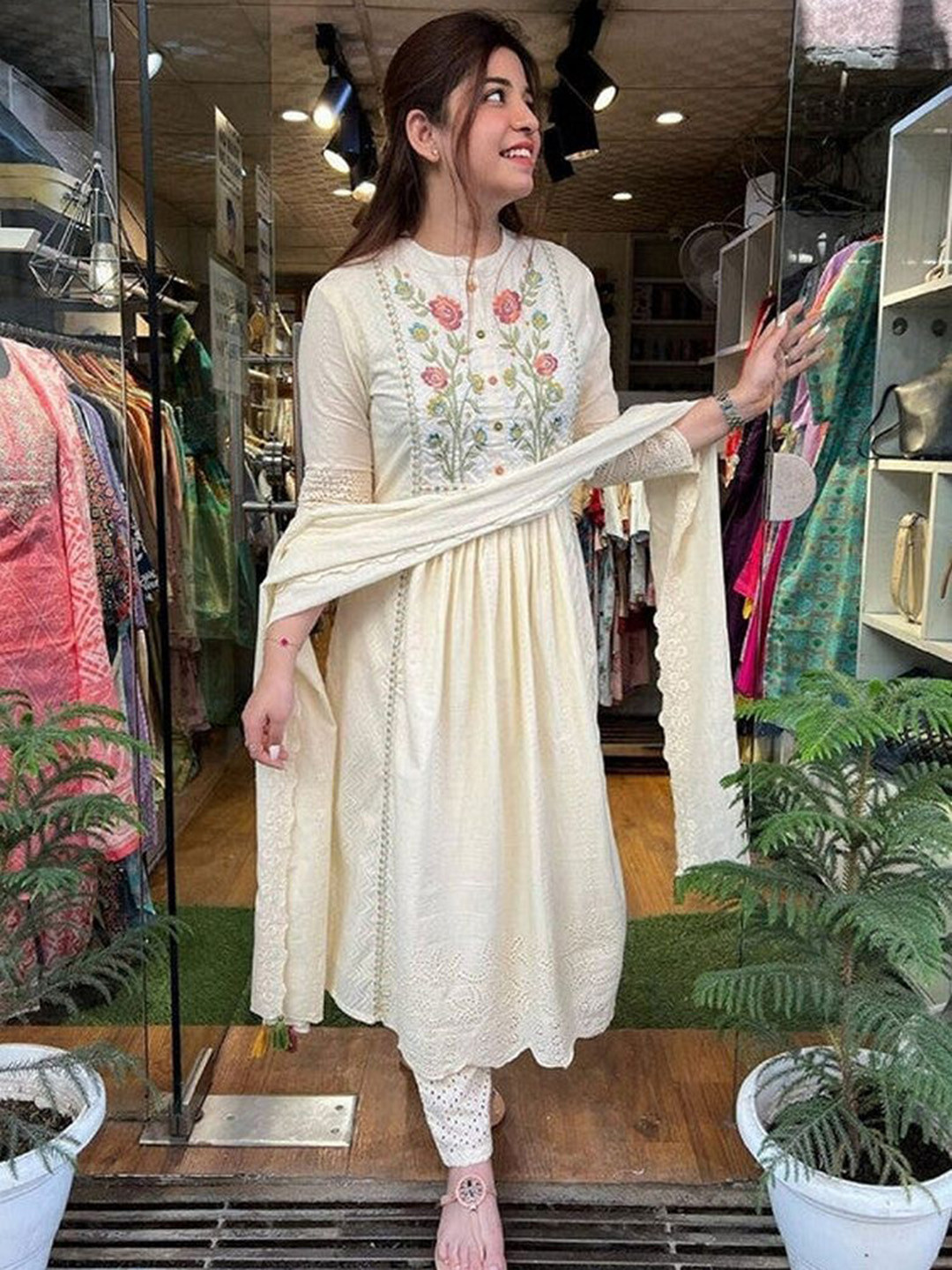 Buy Rang By Indya Floral Yoke Design Pure Cotton A Line Kurta With ...