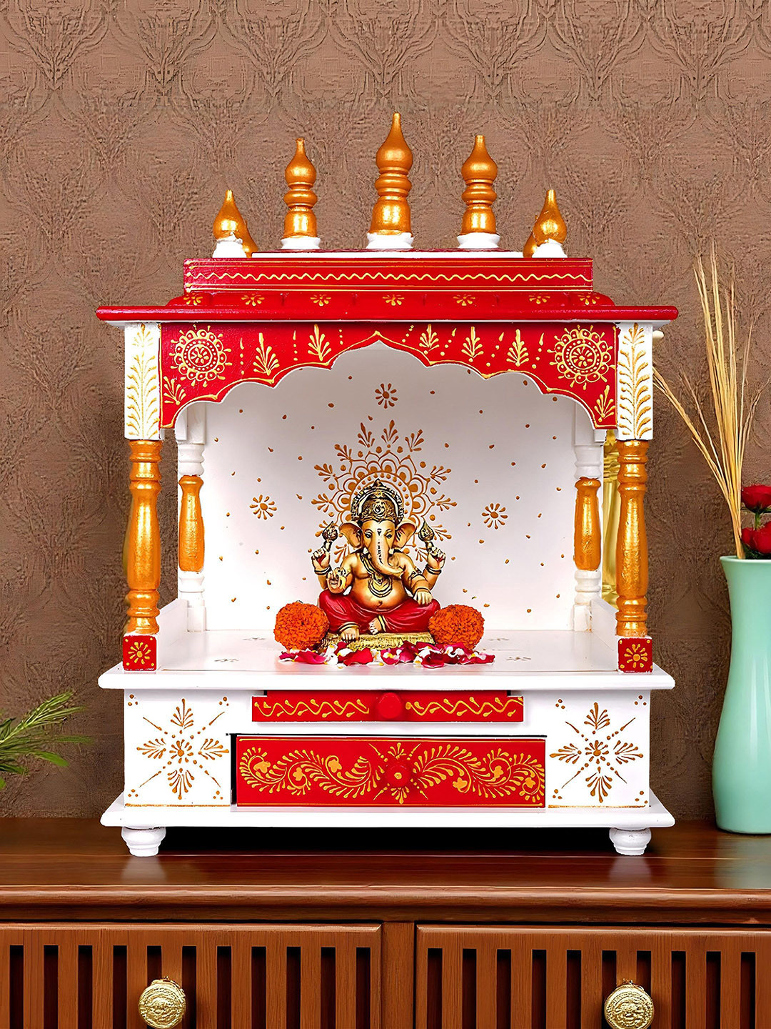 Buy HOMIVA Red & White Handcrafted Wooden Decorative Mandir For Puja ...