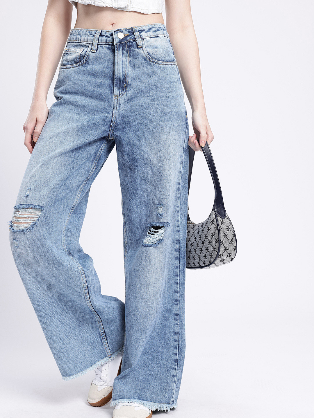 Buy Glitchez Women Retro Revival Wide Leg Faded Ripped Frayed Jeans ...