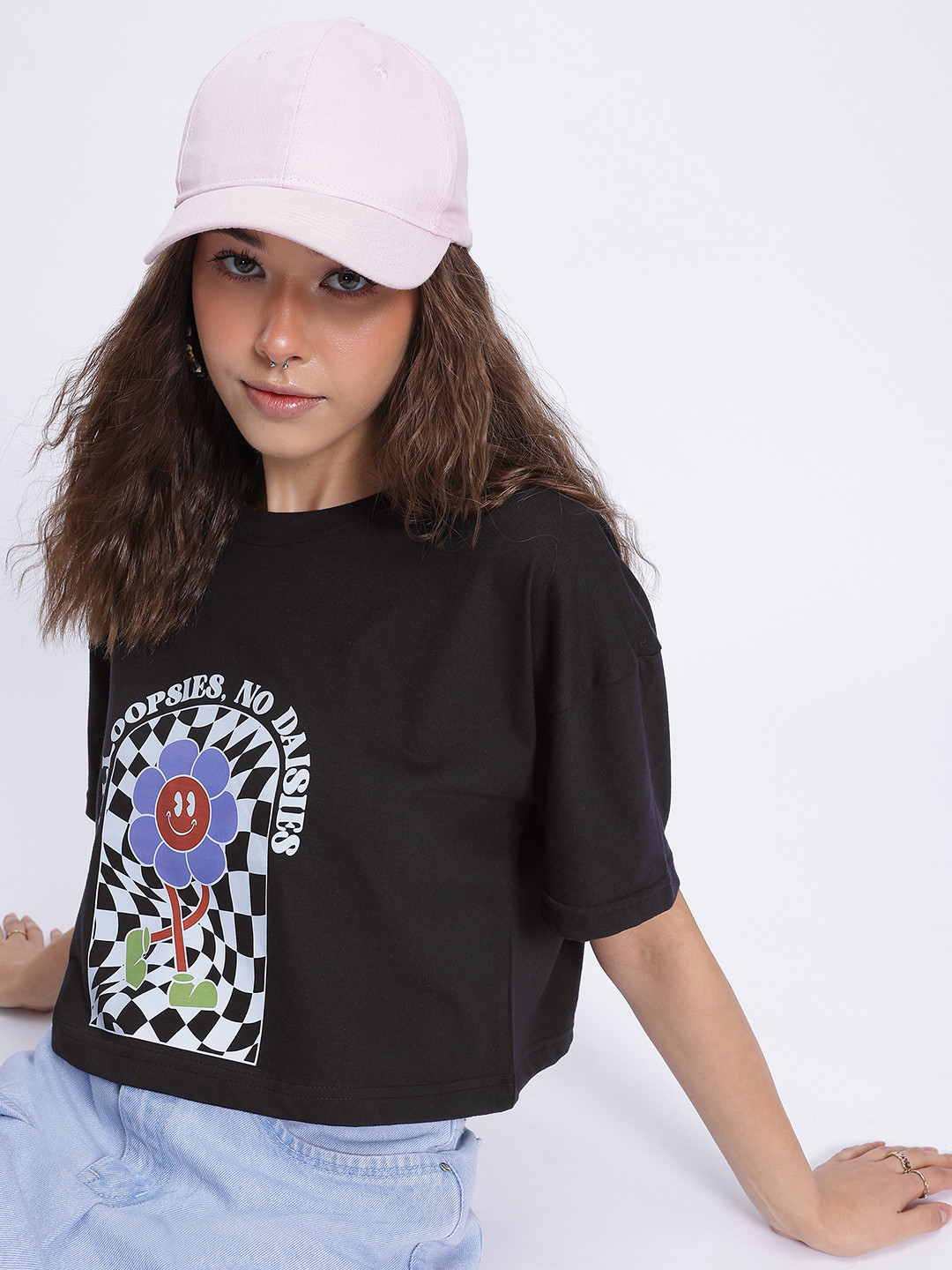 Buy Glitchez Chill Check Daisy Printed Drop Shoulder Sleeves Relaxed T ...