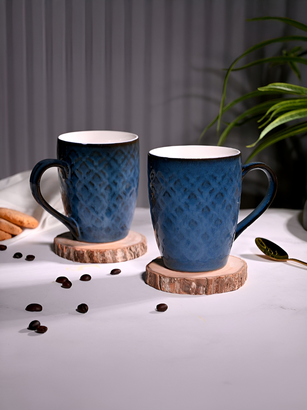 Buy Storepedia Blue Handcrafted Textured Ceramic Glossy Mugs Set Of ...