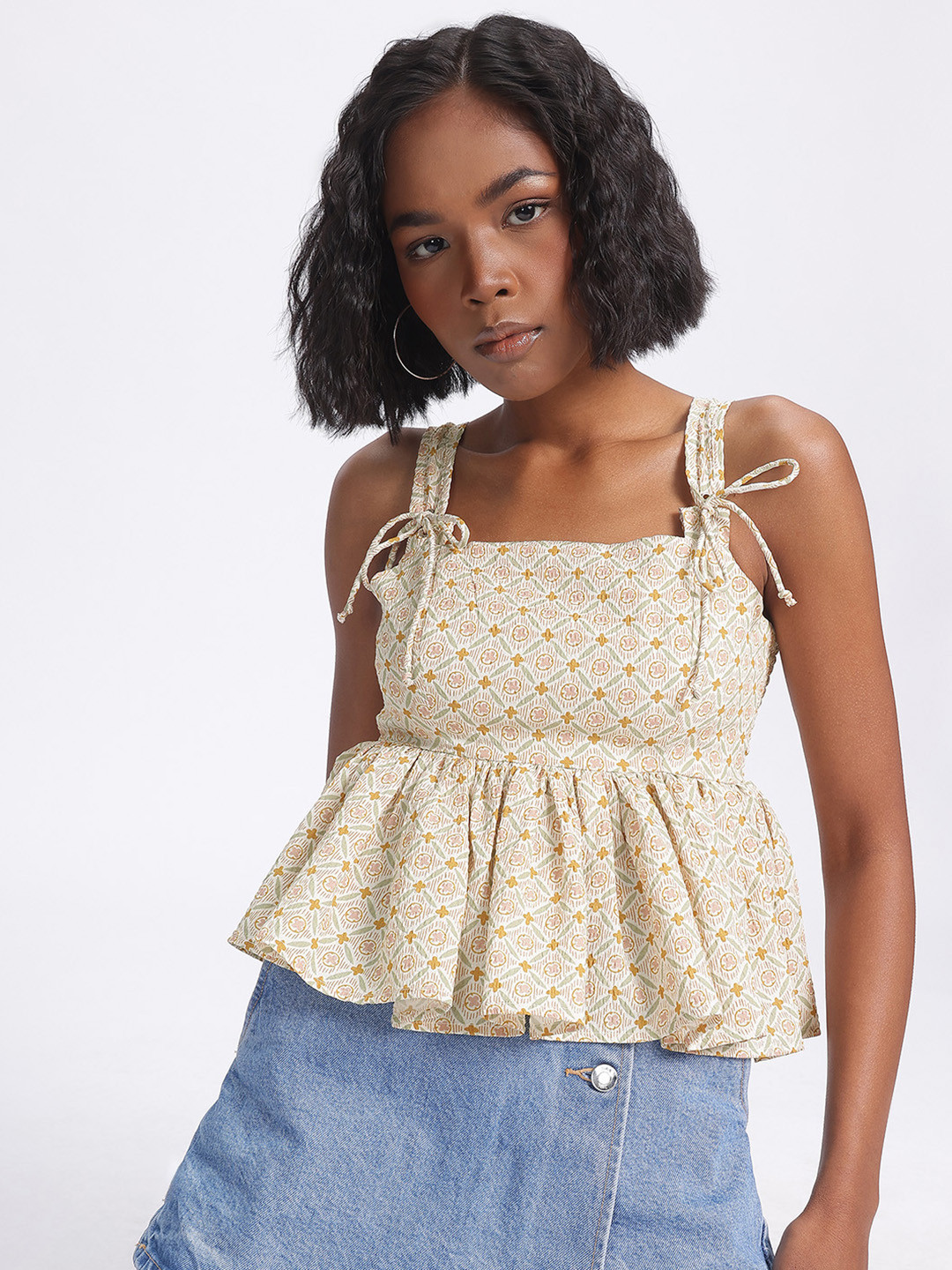 Buy Glitchez Printed Seersucker Smocked Back Peplum Top - Tops for ...