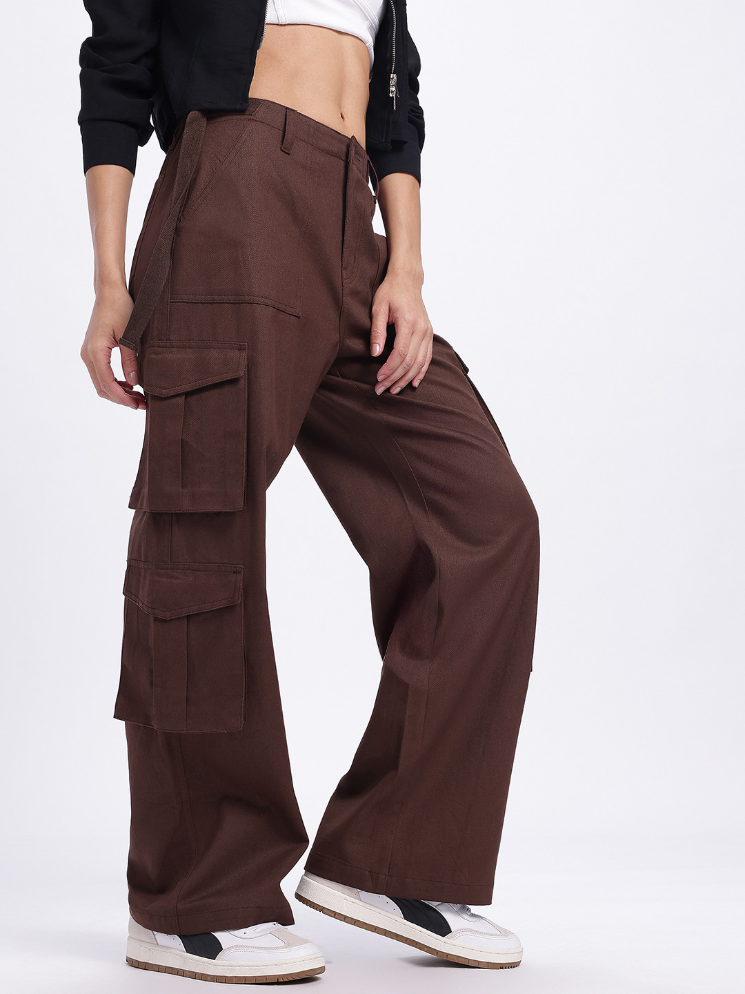 Buy Glitchez Women Utility Chic Mid Rise Belted Detail Straight Fit ...