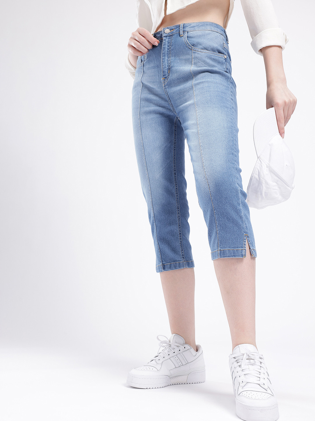 Buy Glitchez Women Timeless Classic Slim Straight Fit Faded Slit Denim ...