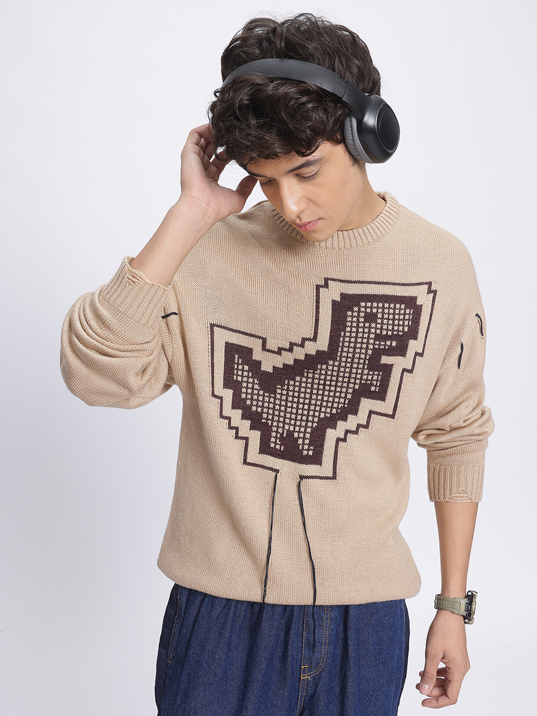 Buy Glitchez Distressed Drop Shoulder Pullover - Sweaters for Men ...