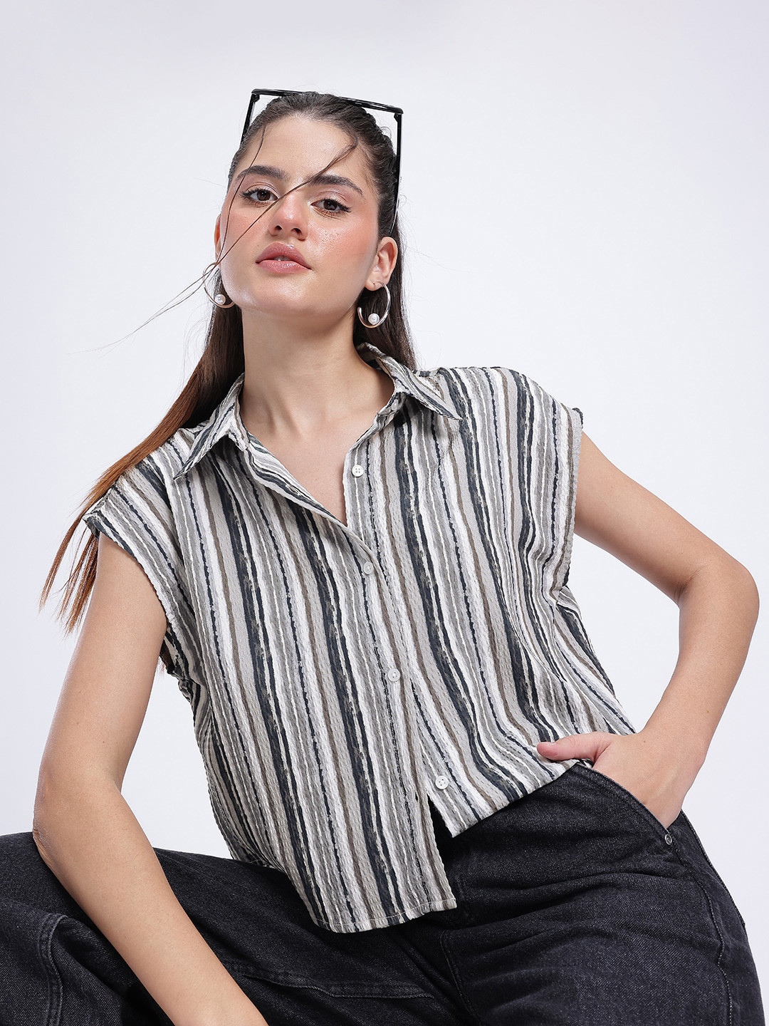 Buy Glitchez Vertically Striped Extended Sleeves Regular Fit Shirt ...