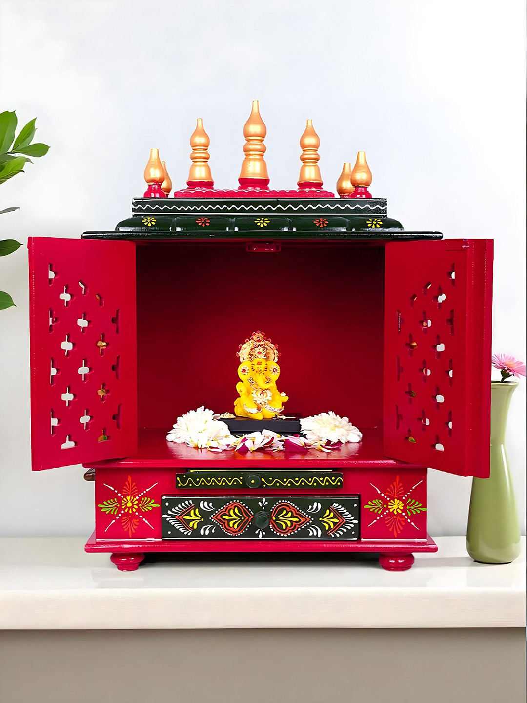 Buy HOMIVA Red & Black Printed Wooden Temple Rajasthani Pooja Mandir ...