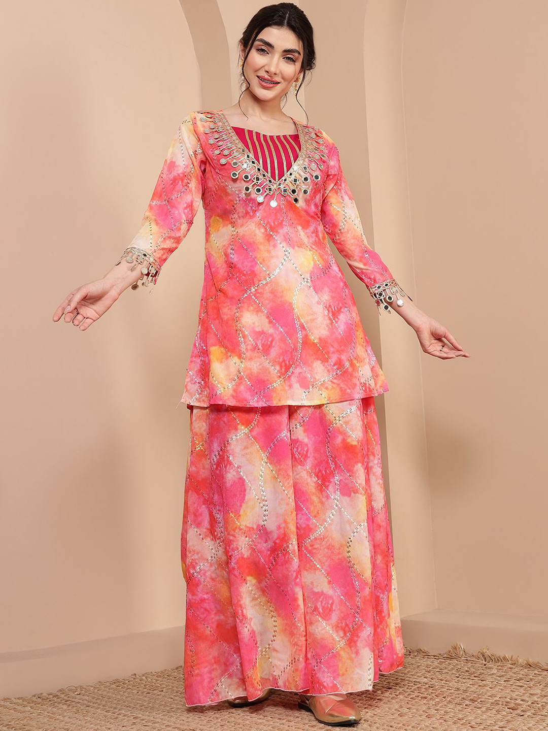 Buy DEEBACO Embroidered V Neck Top With Palazzos & Jacket Co Ords - Co ...