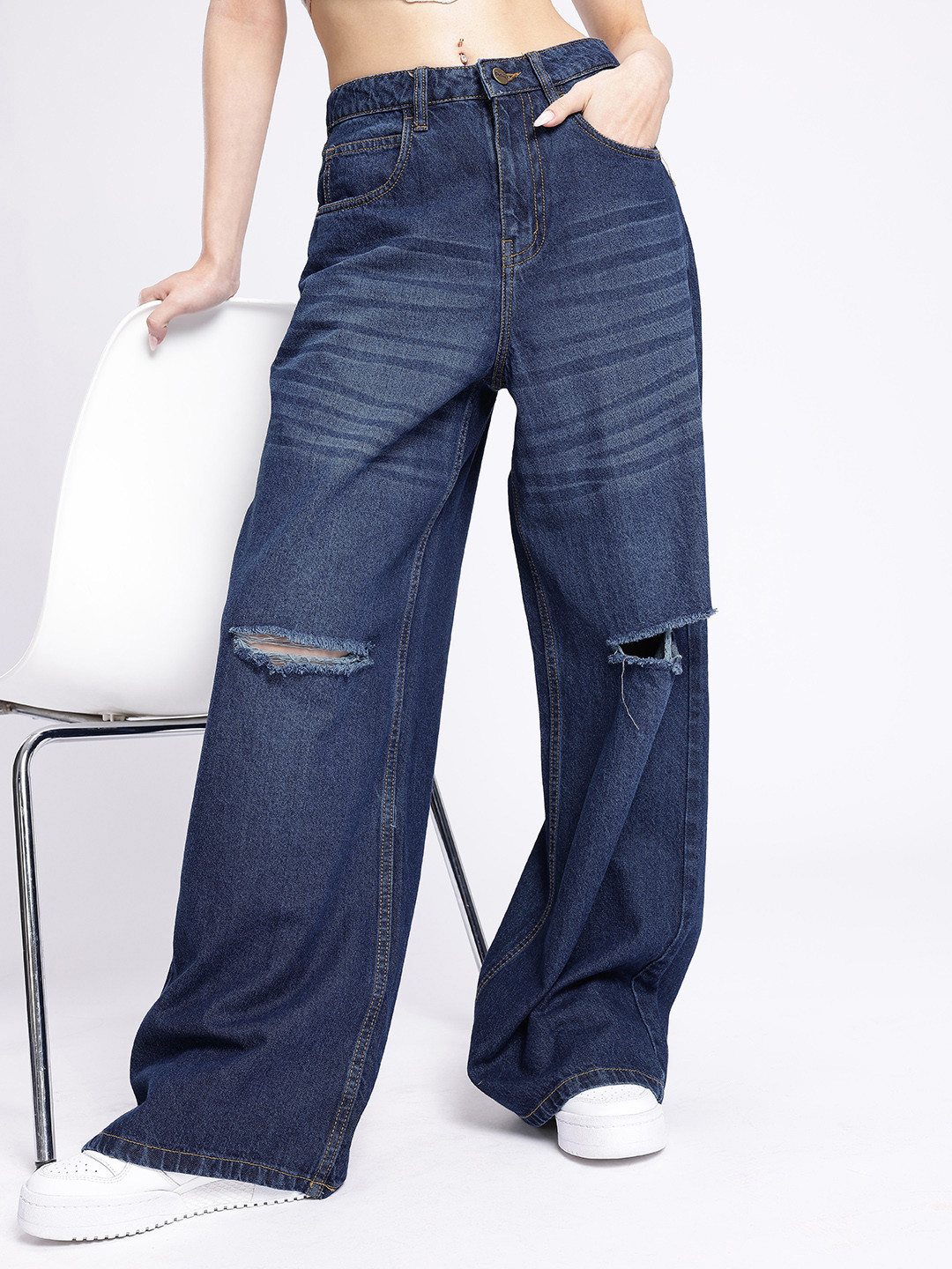 Buy Glitchez Women Wide Leg Slash Knee Light Fade Jeans - Jeans for ...