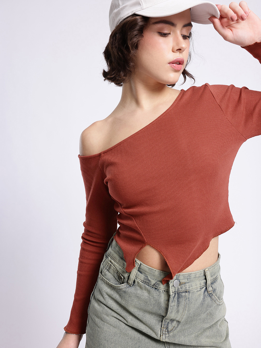 Buy Glitchez Ribbed Slant Shoulder Crop Top With Slit - Tops for Women ...