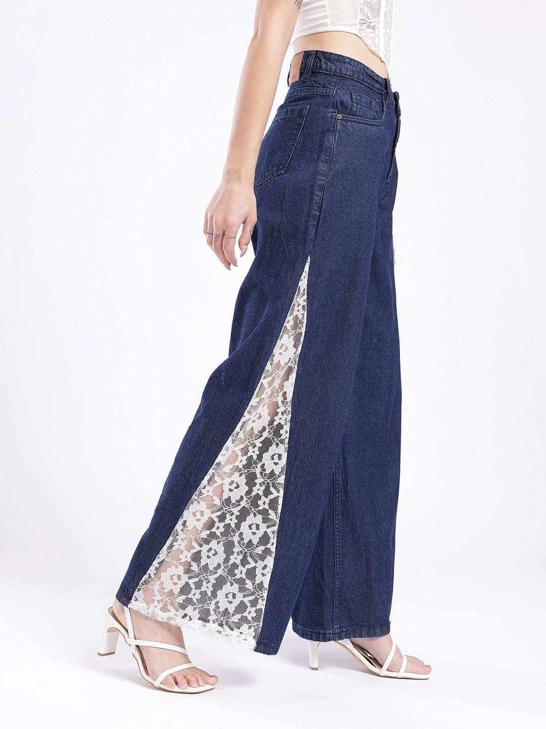 Buy Glitchez Women Palazzo Fit Lace Paneling High Rise Jeans - Jeans ...