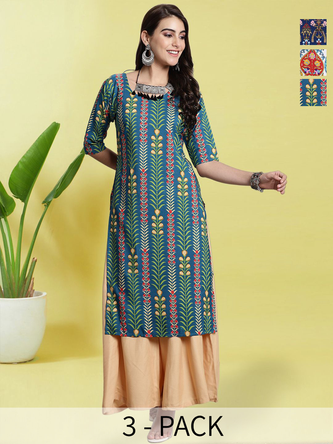 Buy HERE&NOW Selection Of 3 Printed Straight Kurtas - Kurtas for Women ...