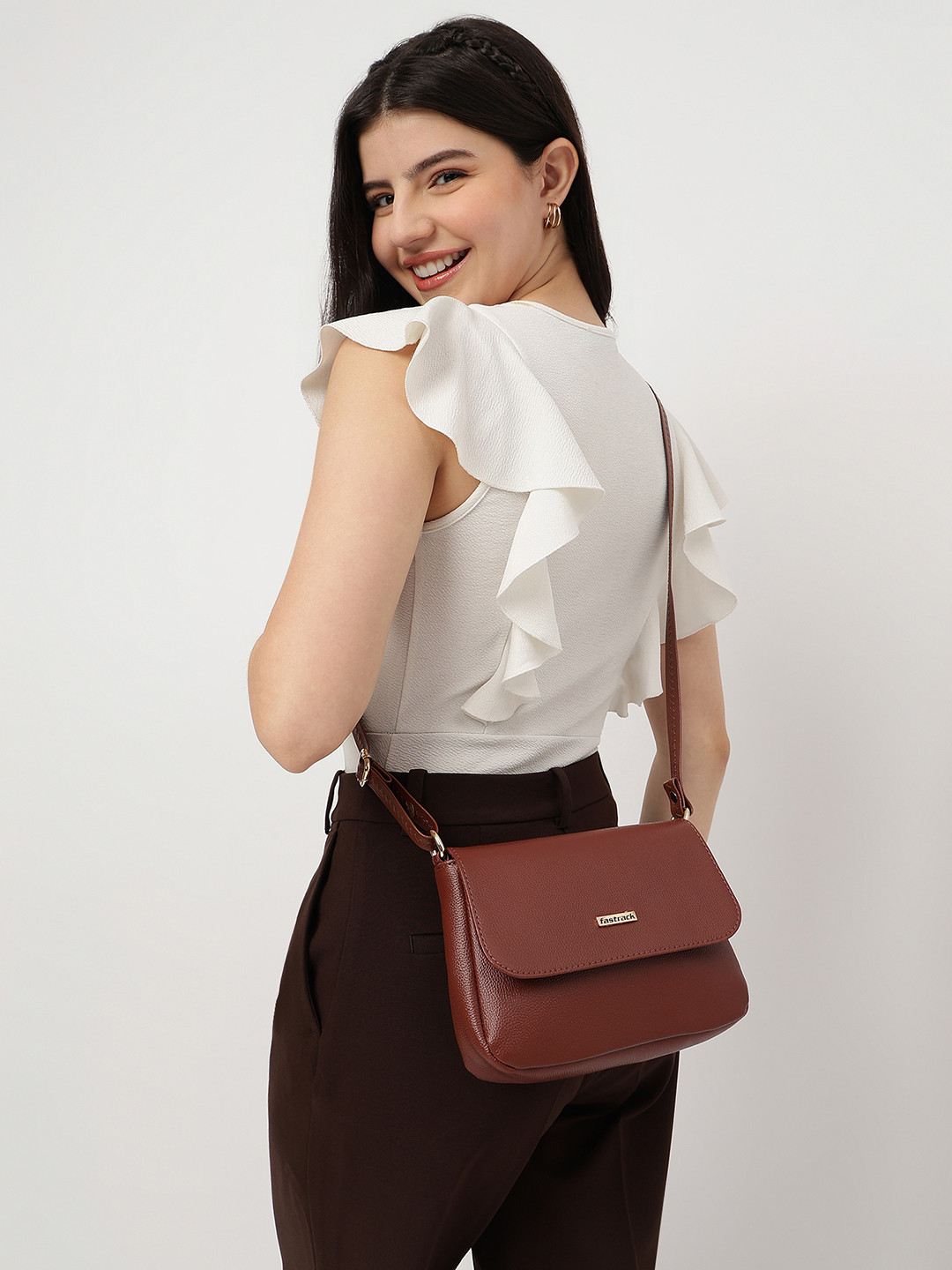 Buy Fastrack Women Tan Solid Structured Sling Bag With Non Detachable ...